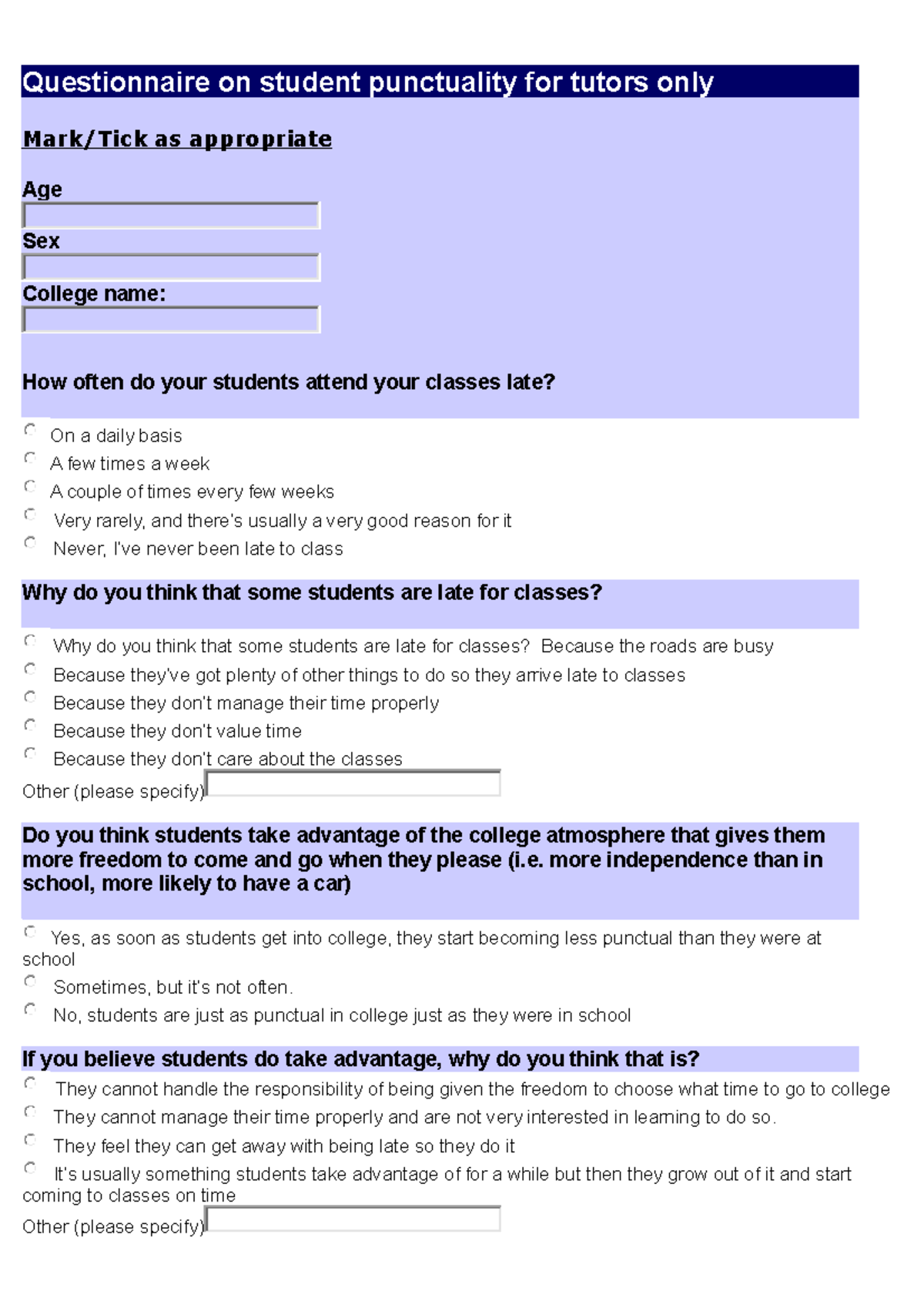 Questionnaire on Student Punctuality for Tutors (SPT-101) - Studocu
