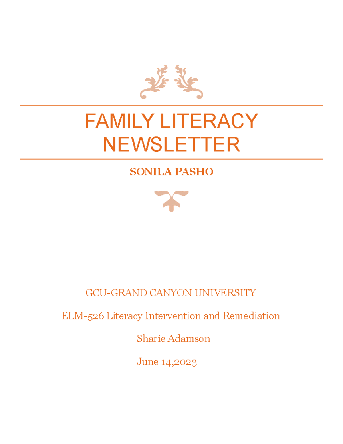 Family Literacy Newsletter: Engaging Students in ELM-526 - Studocu