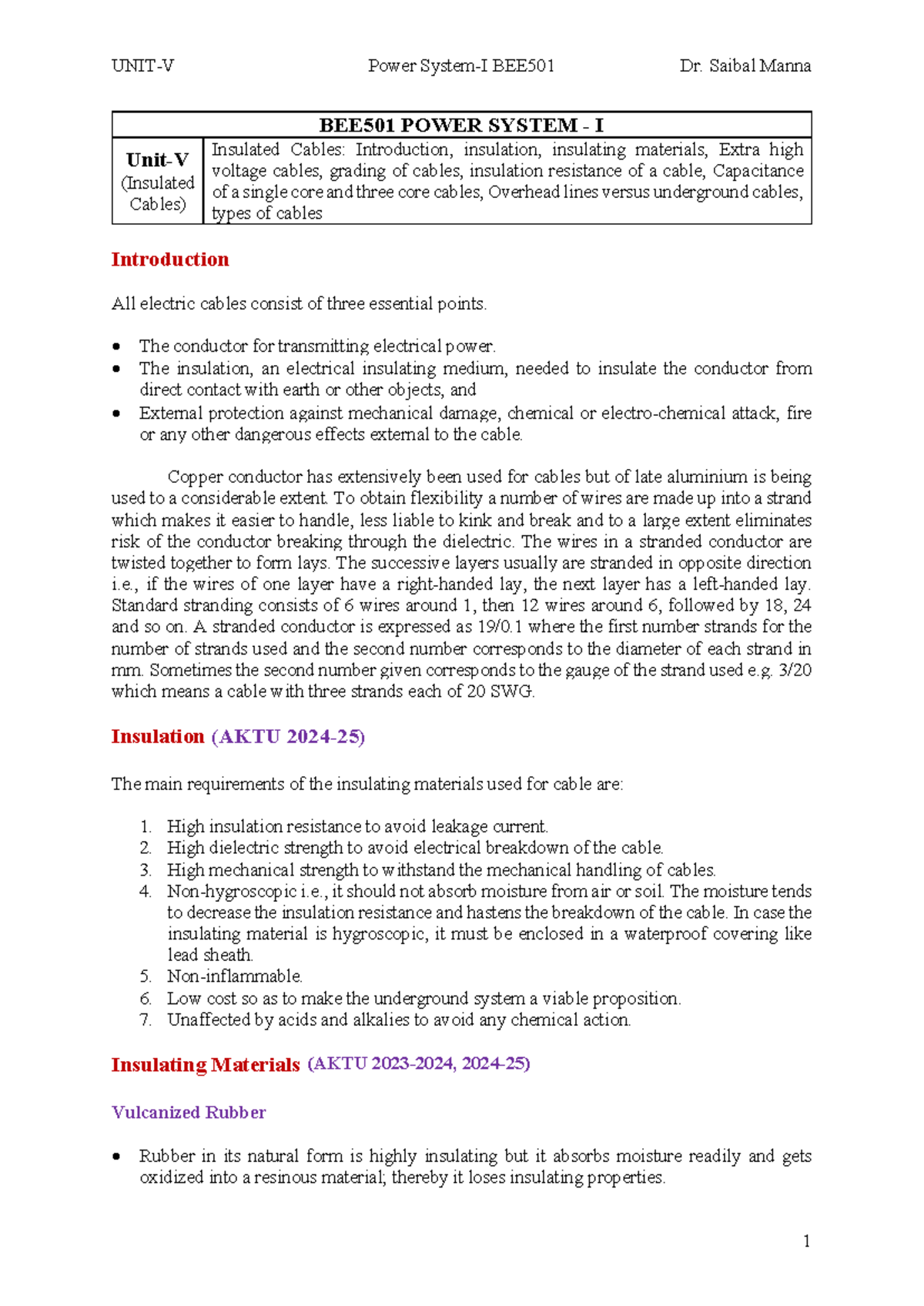 Unit 5: Power System I - Insulated Cables Overview (BEE501) - Studocu