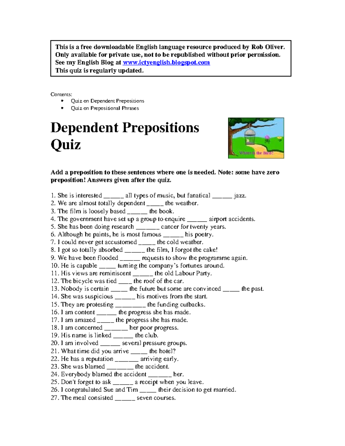 Dependent Prepositions Quiz (ENG 101) - Practice and Answers - Studocu