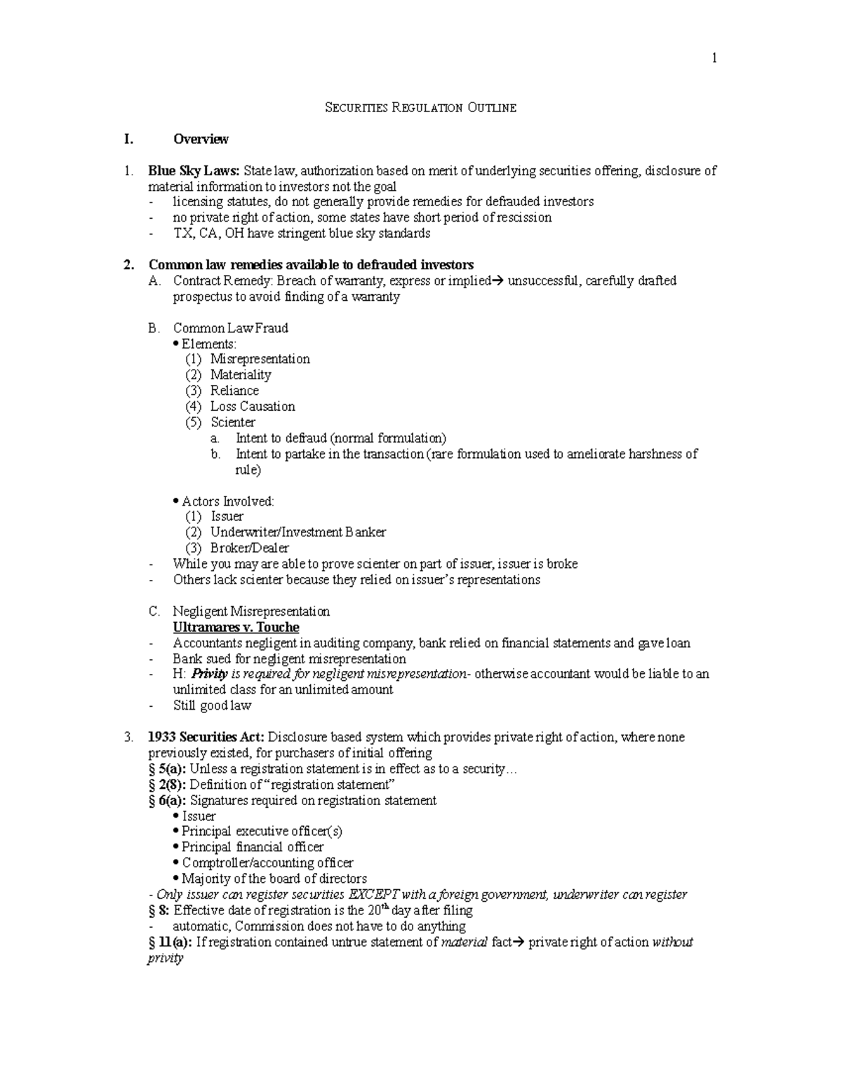 Securities Regulation Outline - SECURITIES REGULATION OUTLINE I ...