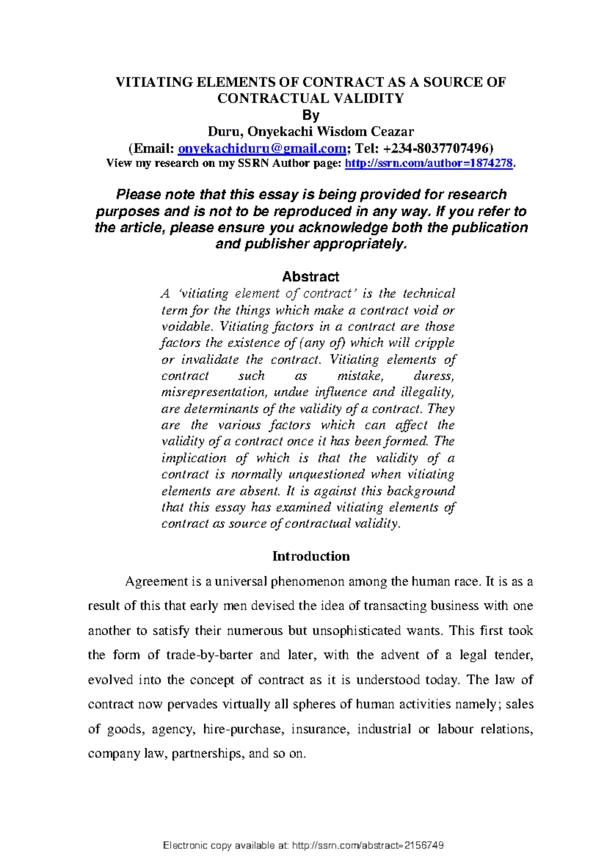 Vitiating Elements of a Contract - INTRODUCTION: Agreement is a ...