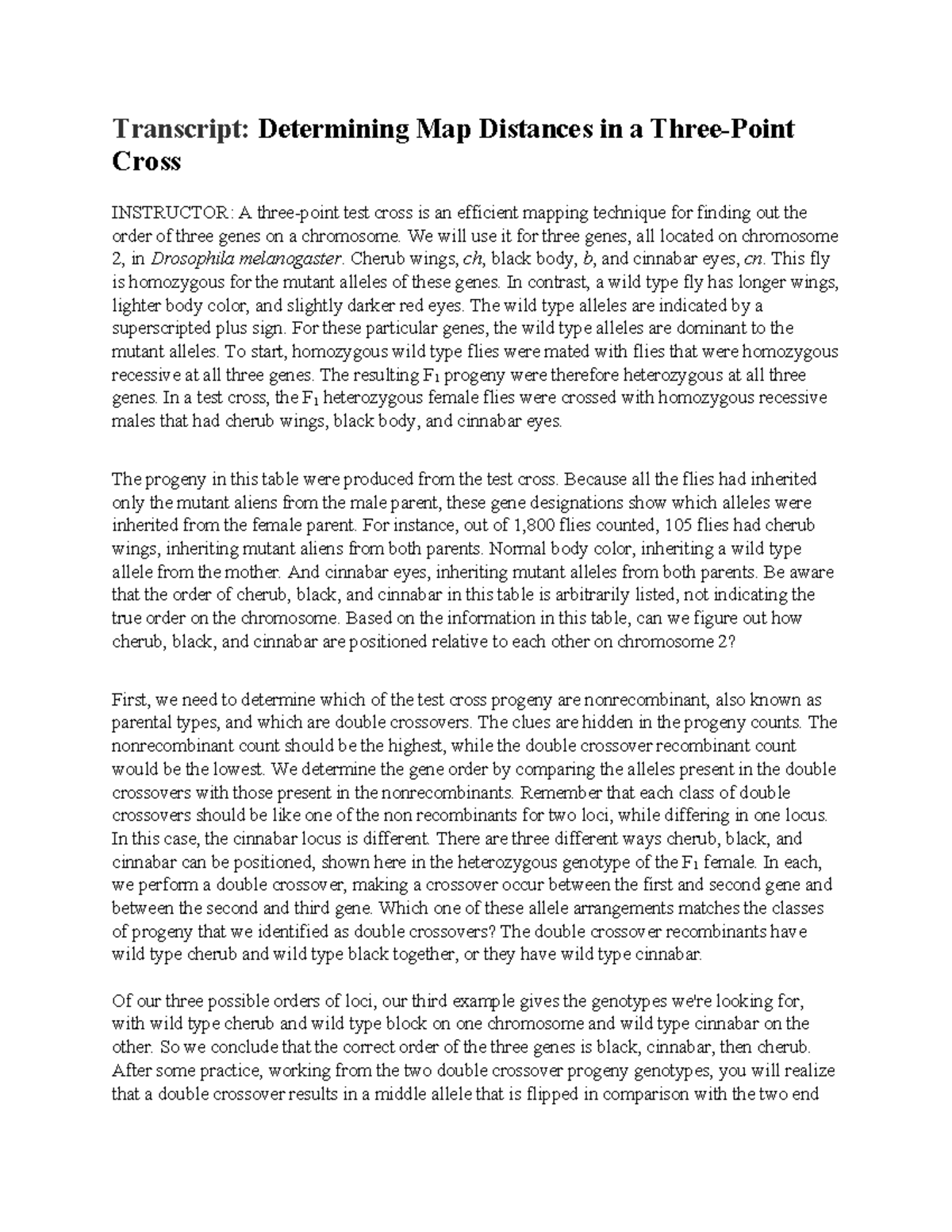 Determining Gene Order & Map Distances: BIOL 101 Three-Point Cross ...