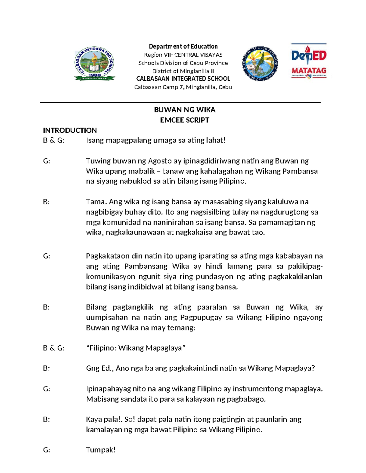 Emcee Script for Buwan ng Wika 2024 - HSSLLL - Studocu