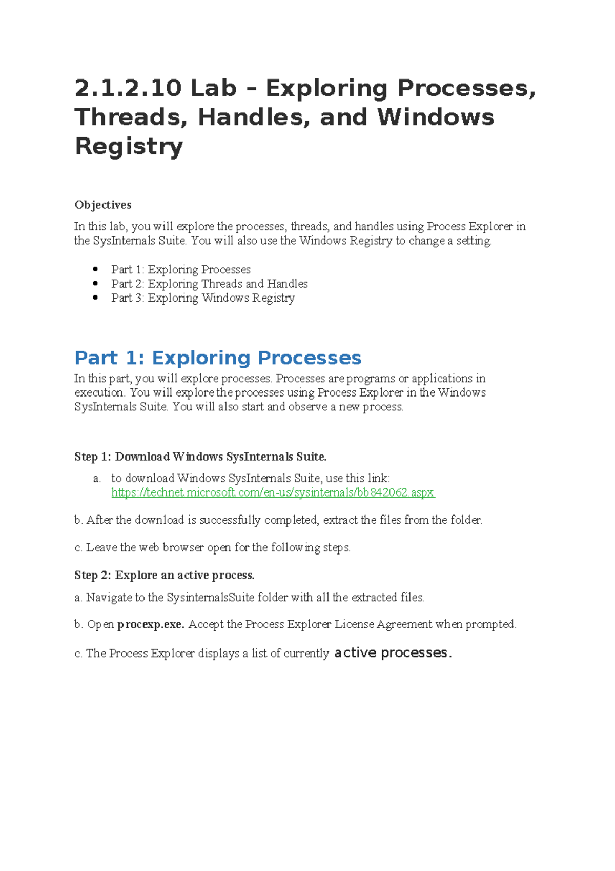2.1.2.10 Lab - Exploring Processes, Threads, Handles, and Windows Registry - 2.1.2 Lab ...