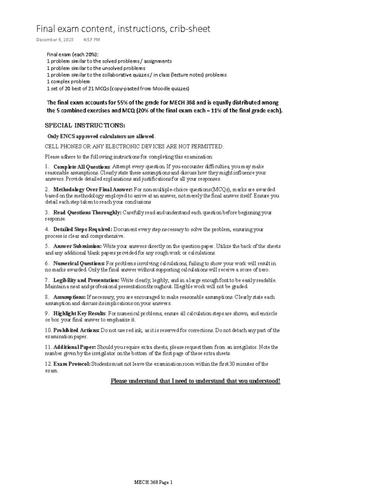 MECH 368 Fall 2025-2026 - Final Exam Crib Sheet & Instructions - Studocu
