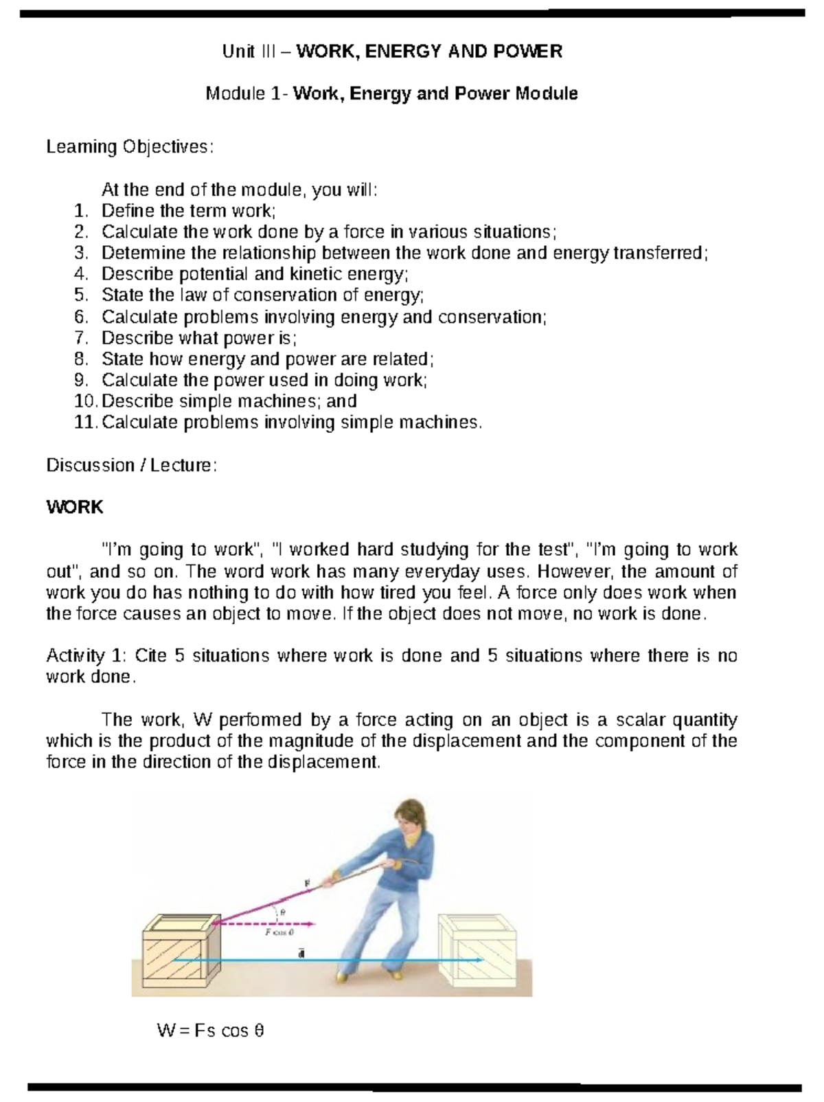 Unit III: Work, Energy & Power (Physics 101) - Lecture Notes - Studocu