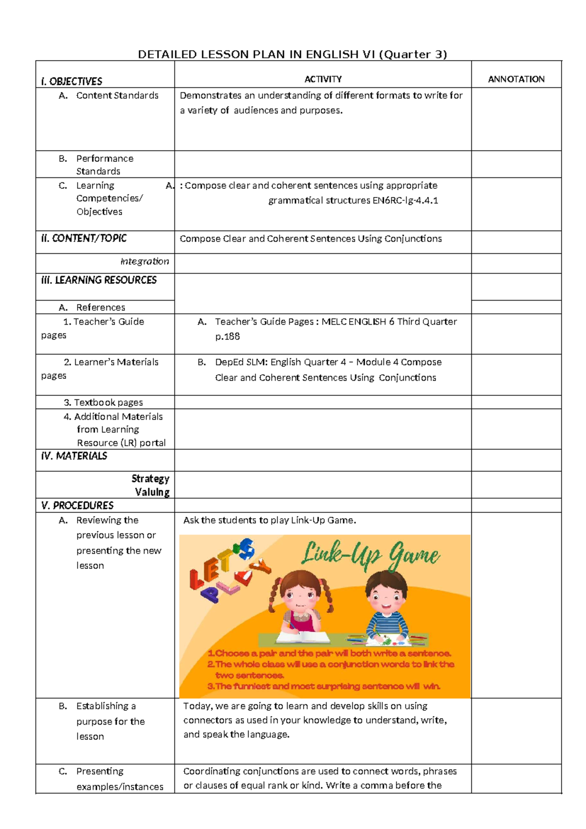 Q4 Lesson Plan: Using Coordinating Conjunctions in English VI - Studocu