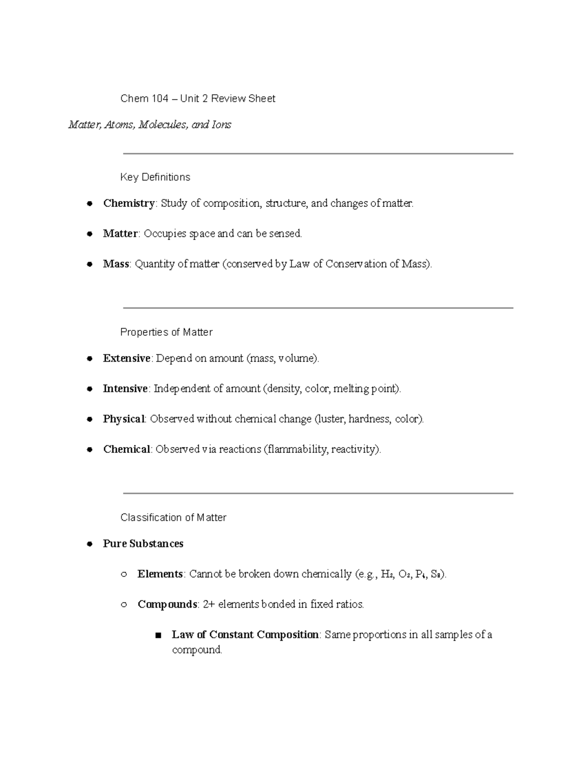 Chem 104 Unit 2 Review: Matter, Atoms, and Molecules Definitions - Studocu