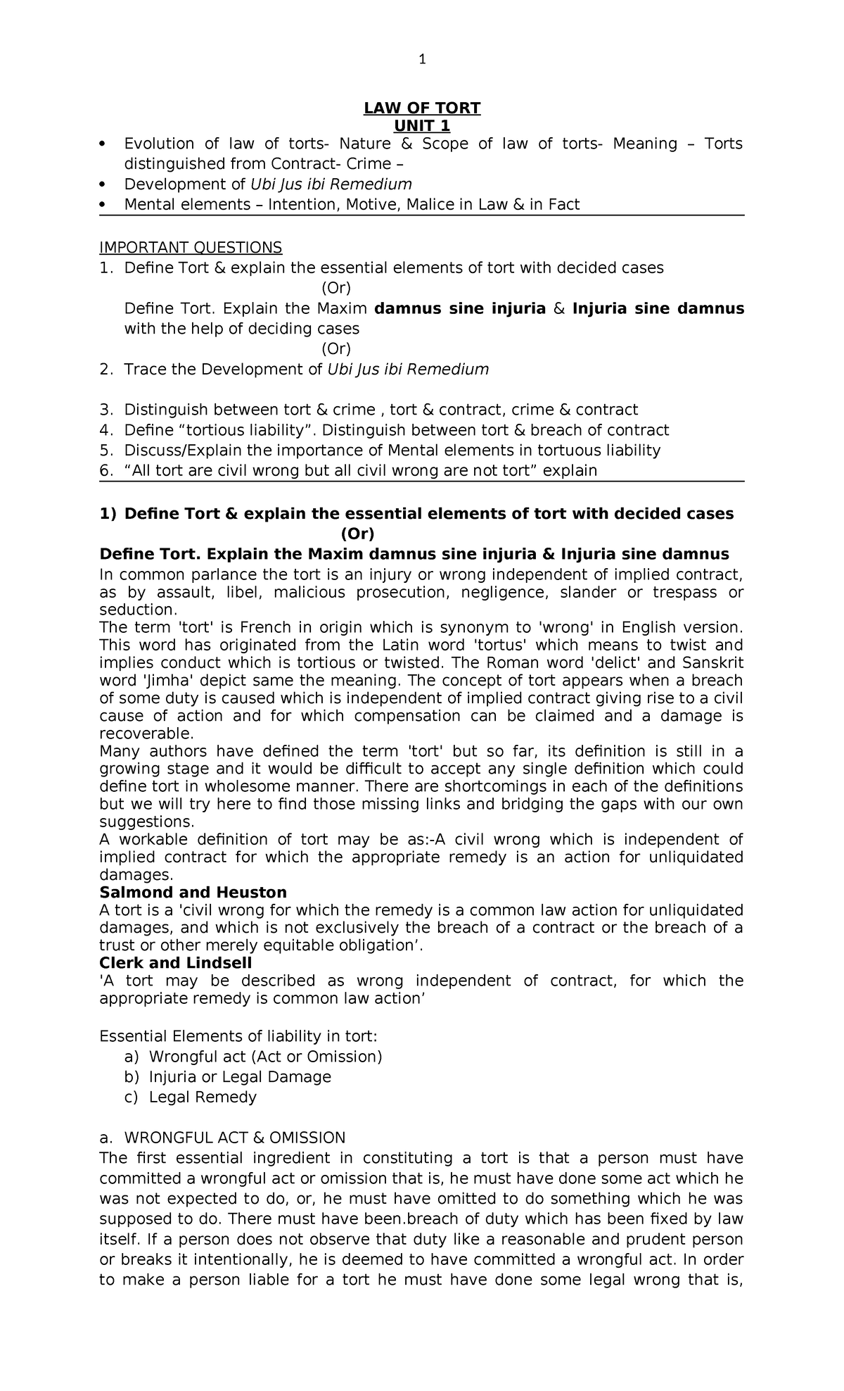 LAW OF TORT (1) - Unit 1: Evolution, Scope, and Key Concepts - Studocu