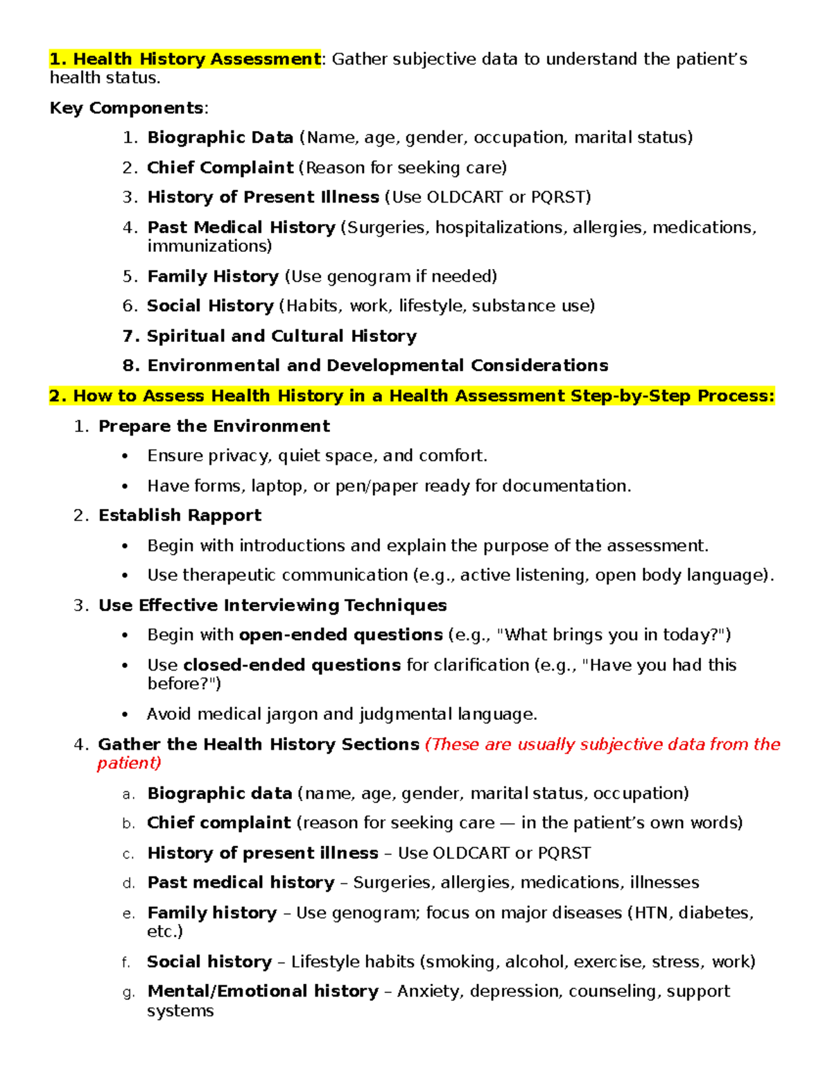 Health Assessment Quiz 1: Key Components and Techniques - Studocu