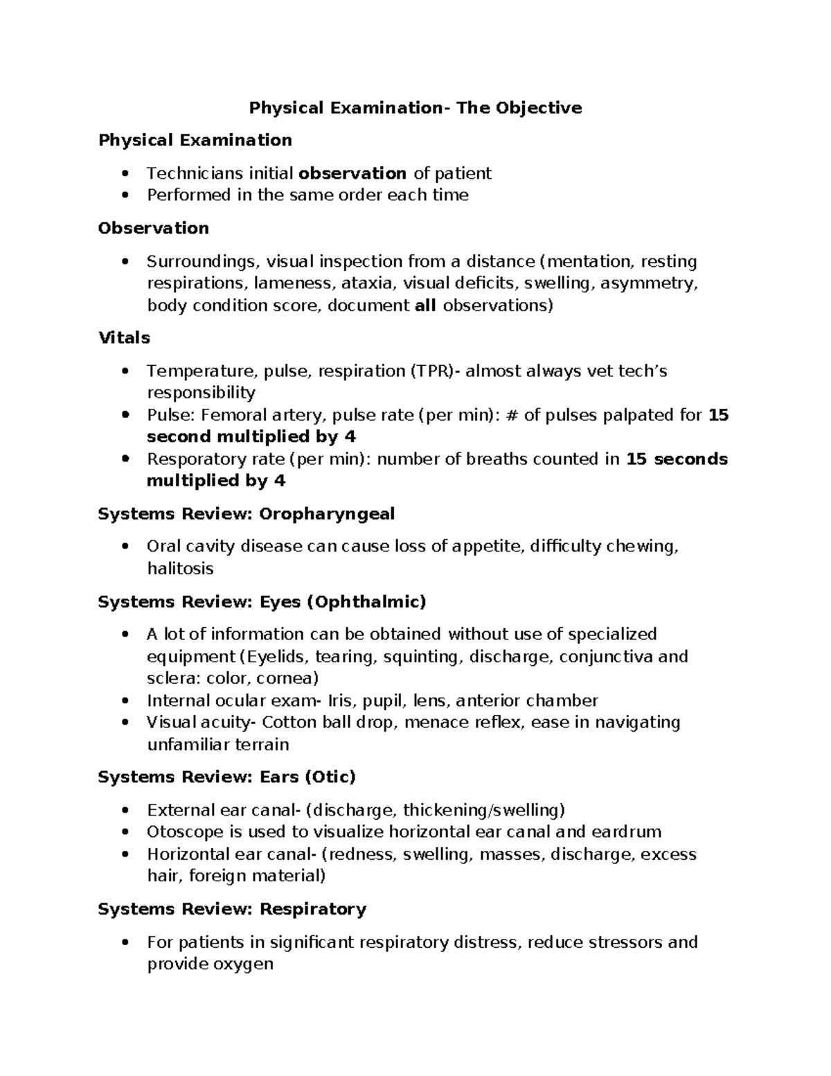 Physical Examination Protocol for Veterinary Technicians (VET 101 ...