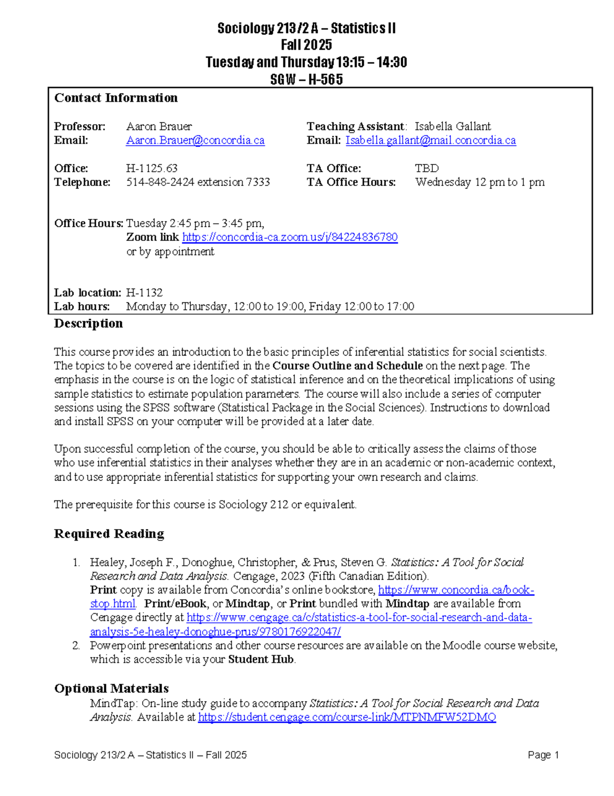 Sociology A Statistics II Fall 2025 Course Outline and Schedule - Studocu