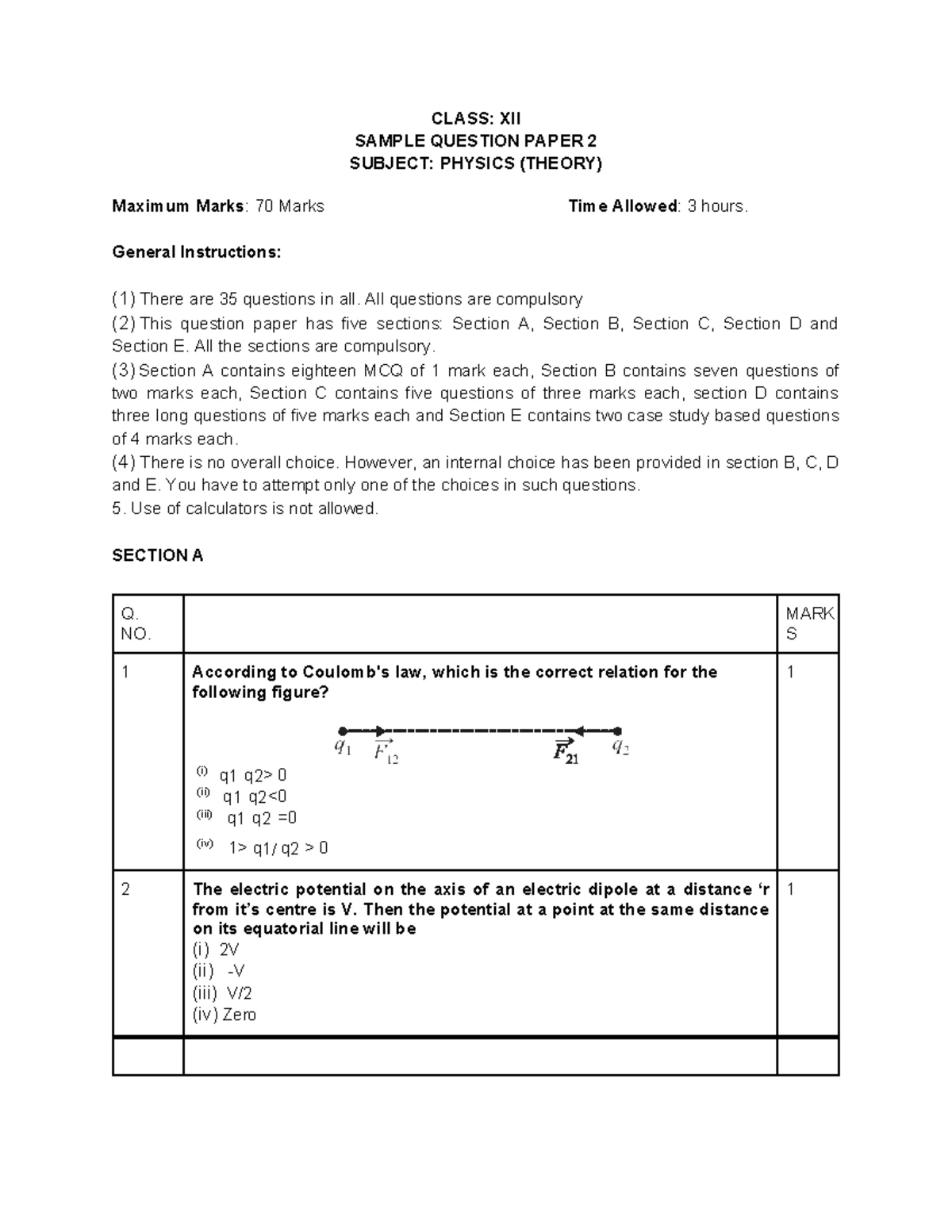 XII Physics - Sample Question Paper (SQP) for Final Exam - Studocu