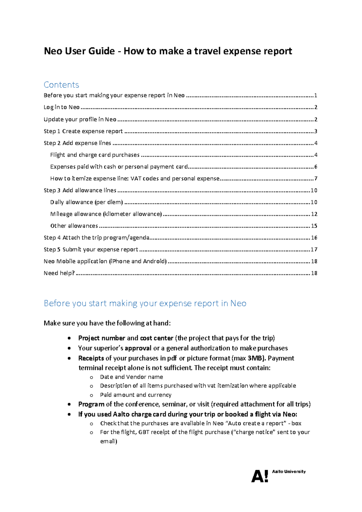 Neo User Guide: Creating a Travel Expense Report v1 - Studocu