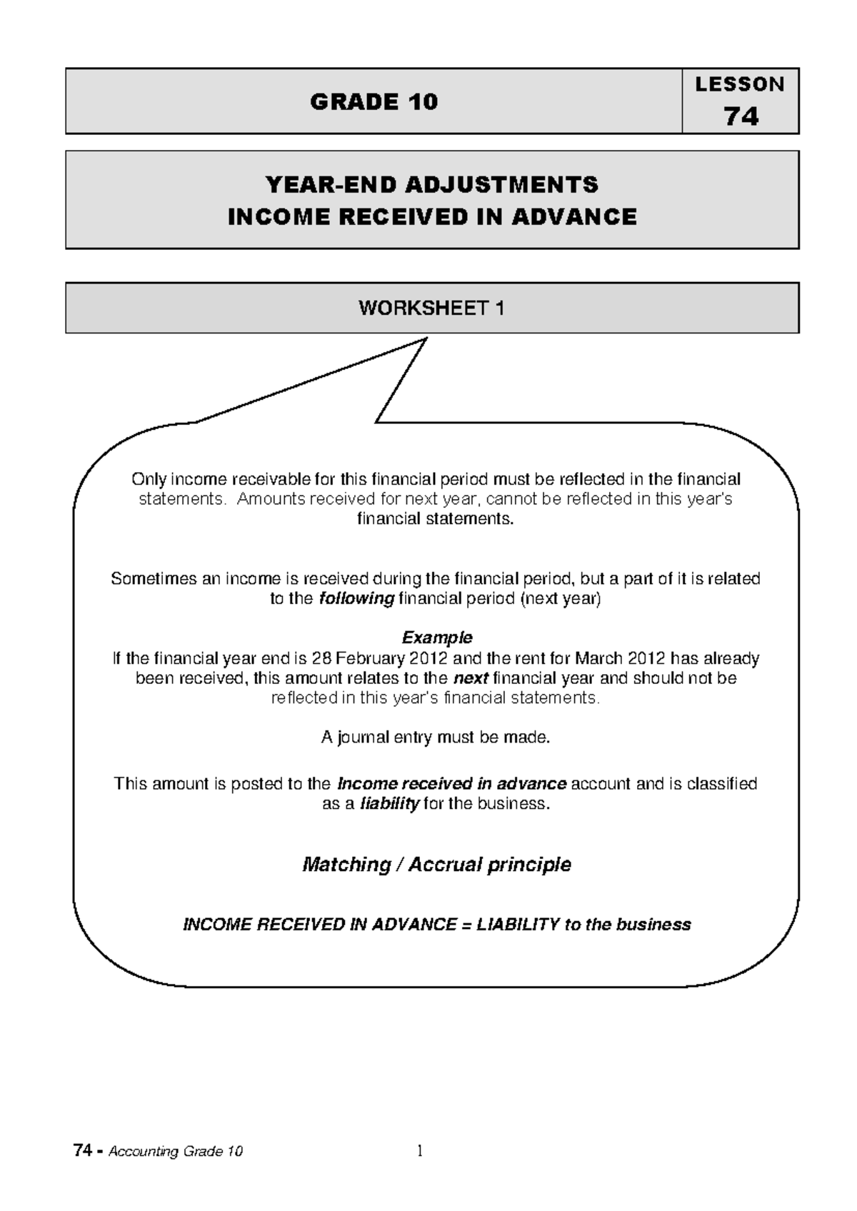 GRADE 10 ACCOUNTING LESSON 74: INCOME RECEIVED IN ADVANCE WORKSHEET ...