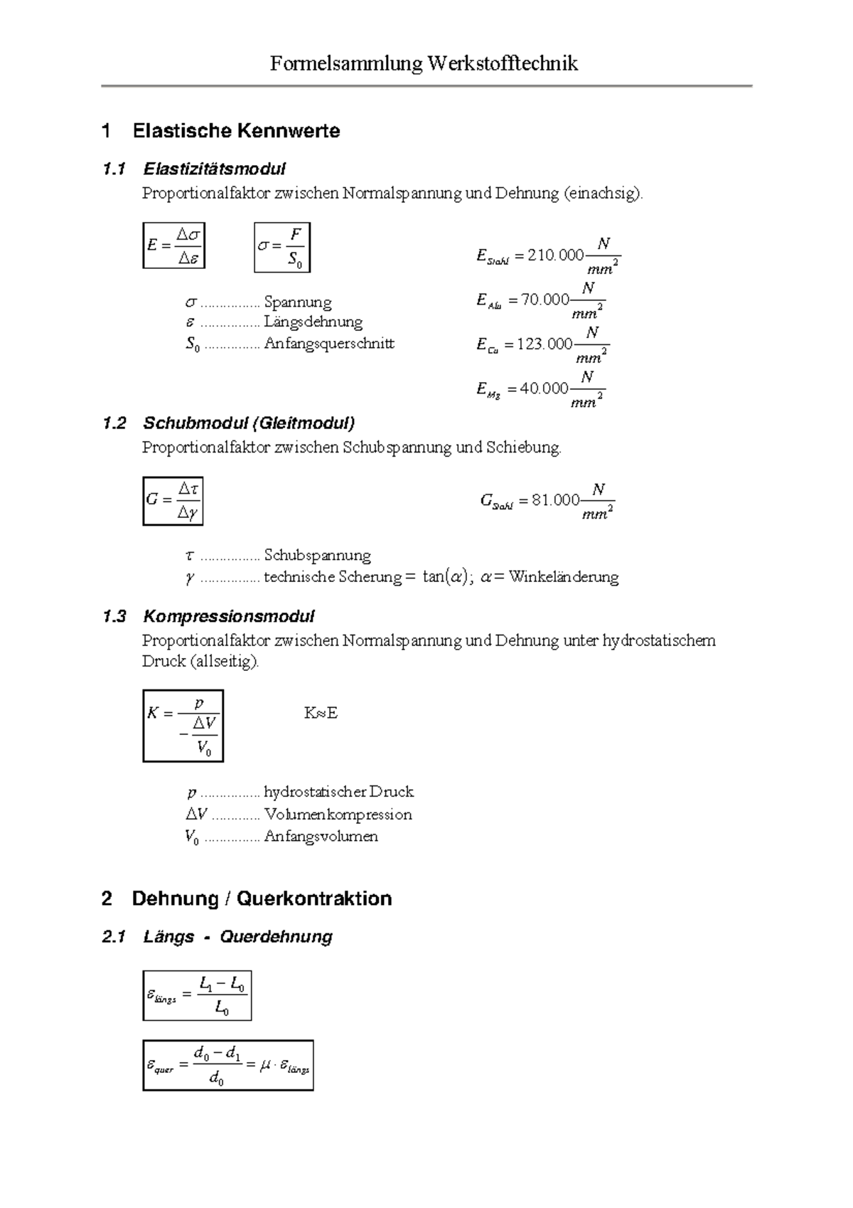 Formelsammlung Werkstofftechnik - 1 Elastische Kennwerte 1 Elastizitätsmodul Proportionalfaktor ...