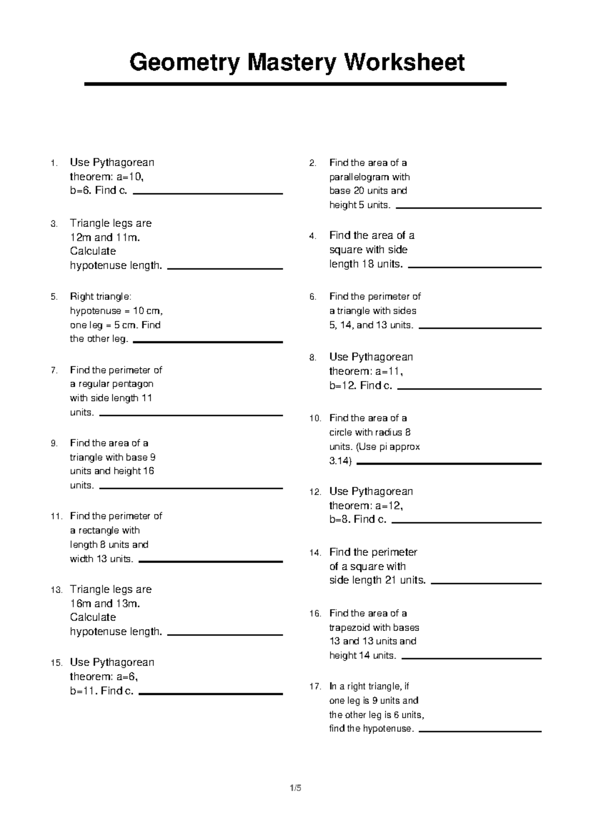 Geometry Mastery Worksheet 3: Pythagorean Theorem & Area Calculations ...
