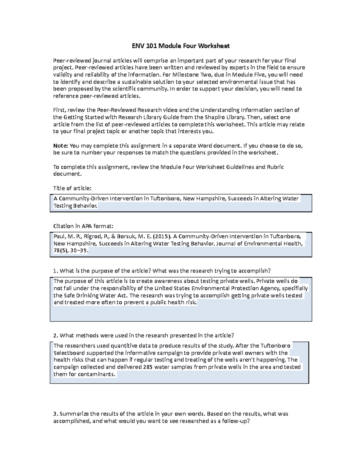ENV 101 Module Four Research Article Analysis Worksheet - Studocu