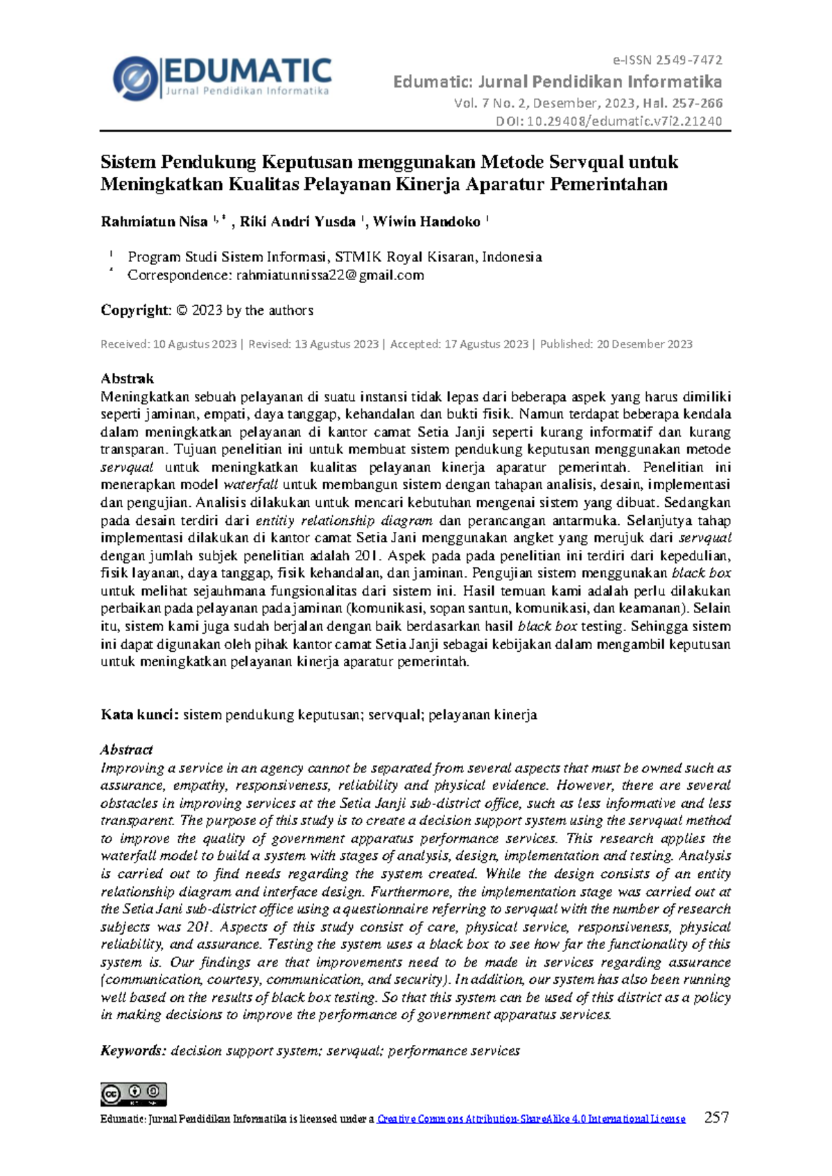 Sistem Pendukung Keputusan Metode Servqual untuk Kualitas Pelayanan Kinerja - Studocu