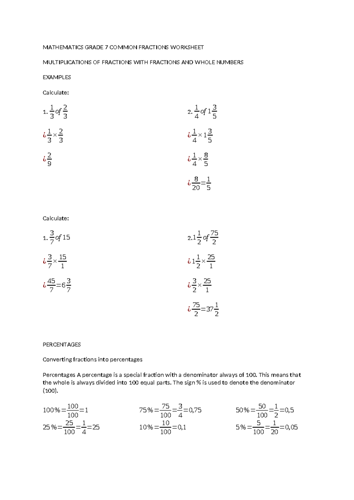 Mathematics Grade 7 Fractions & Percentages Worksheet - Studocu