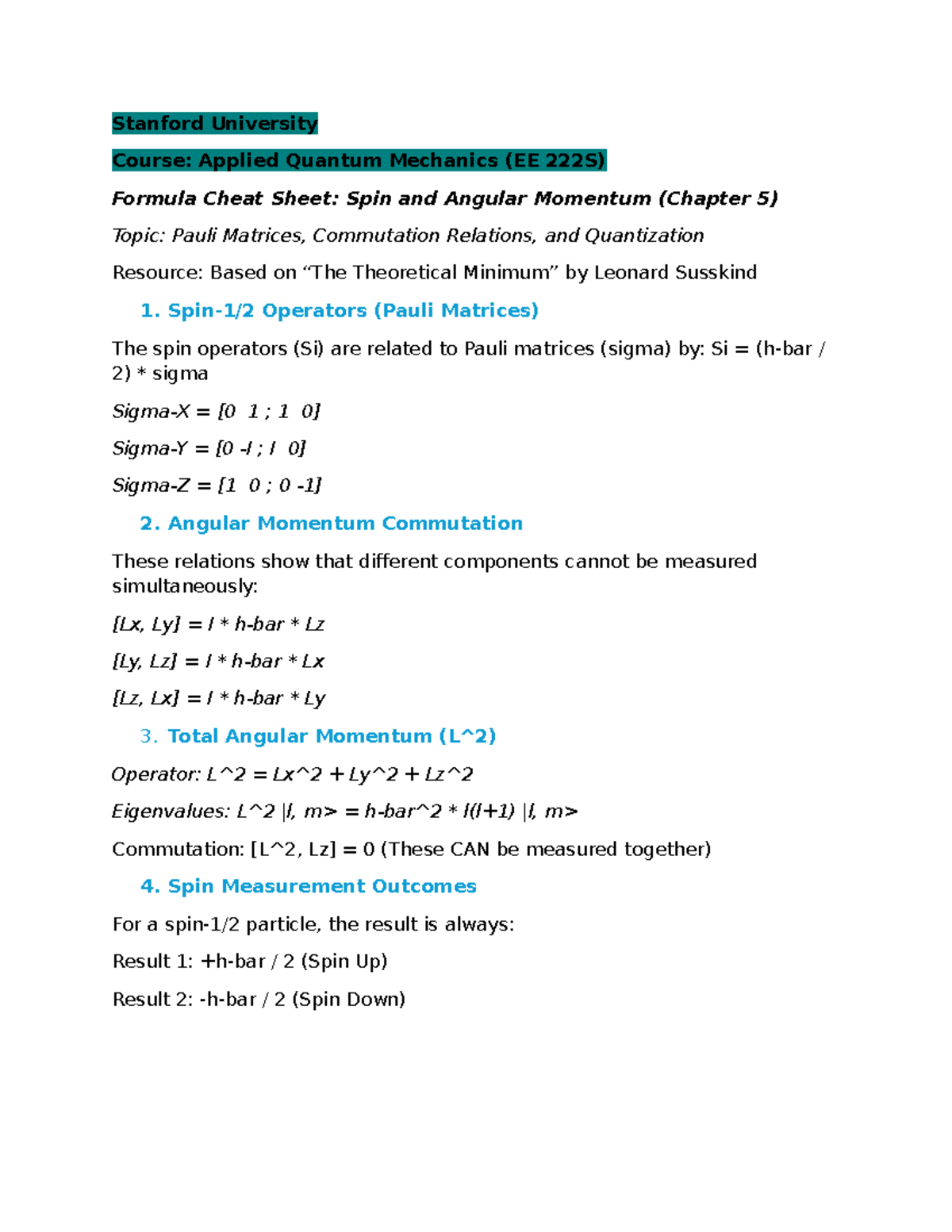 EE Quantum Mechanics Cheat Sheet: Spin & Angular Momentum (Ch 5) - Studocu