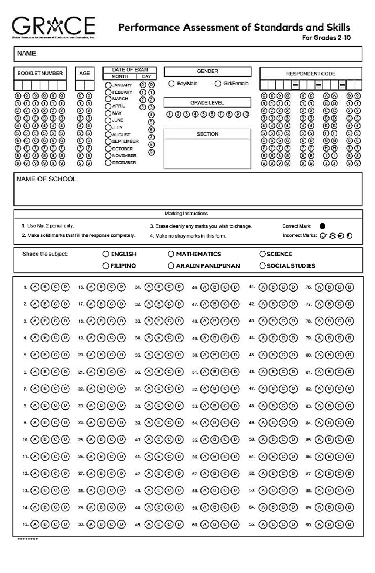 GRACE Exam Answer Sheet for Performance Assessment - Studocu