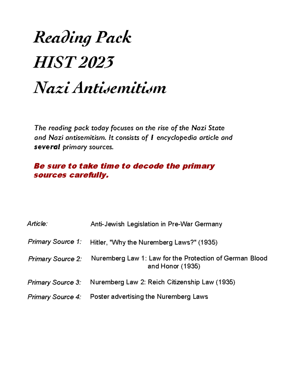 Reading Pack HIST 2023: The Rise of Nazi Antisemitism - Studocu