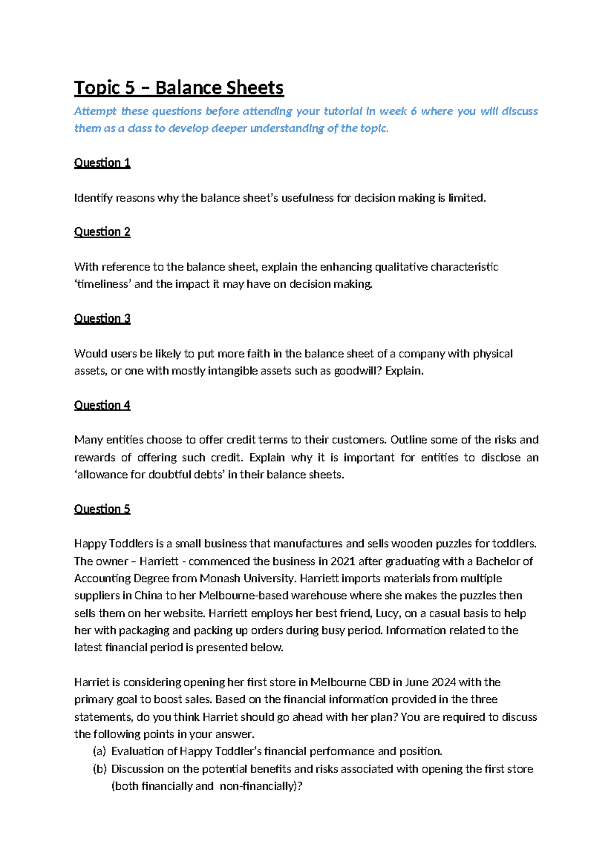 Topic 5 Tutorial Questions - Topic 5 – Balance Sheets Attempt these ...