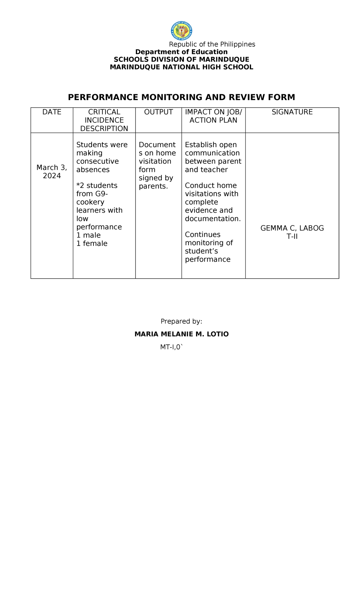Performance Monitoring AND Review FORM - Department of Education ...