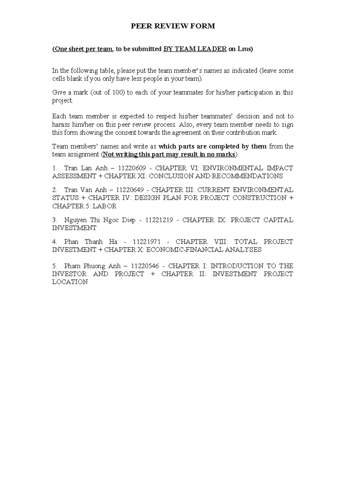 Peer Review Form for Team Project Submission (Group) - Studocu