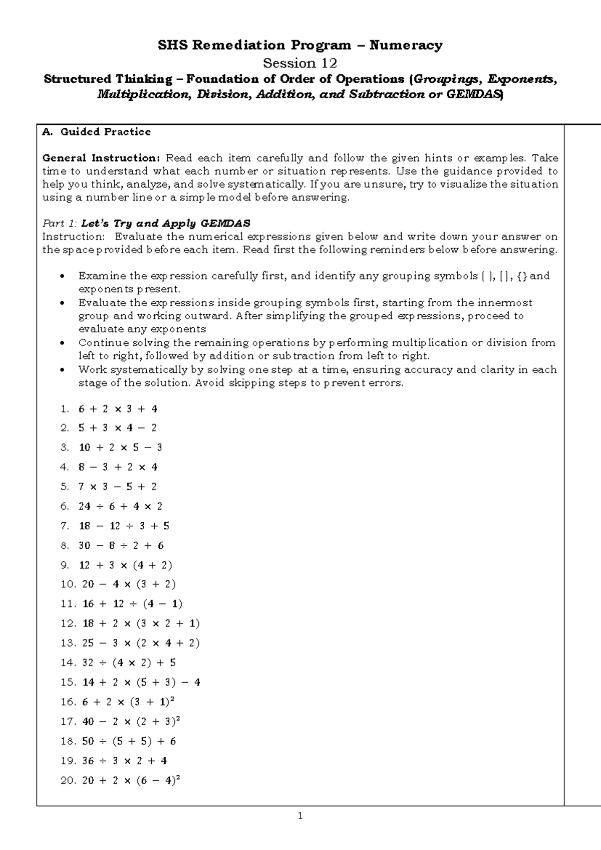 SHS Remediation Program: Numeracy Session 12 - GEMDAS and Structured ...