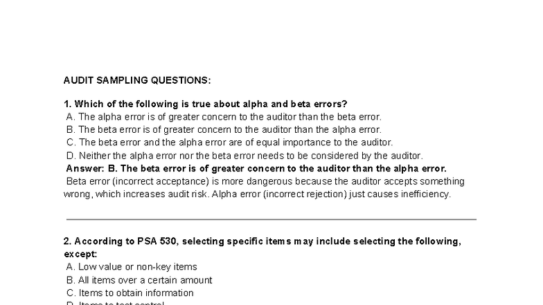AUD 101: Audit Sampling Questions and Answers - Studocu