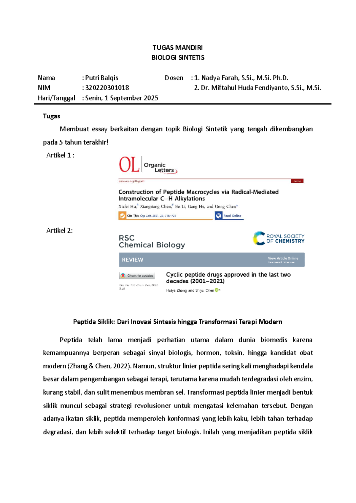 320220301018 Tugas Biologi Sintetik: Essay Peptida Siklik dan Terapi ...