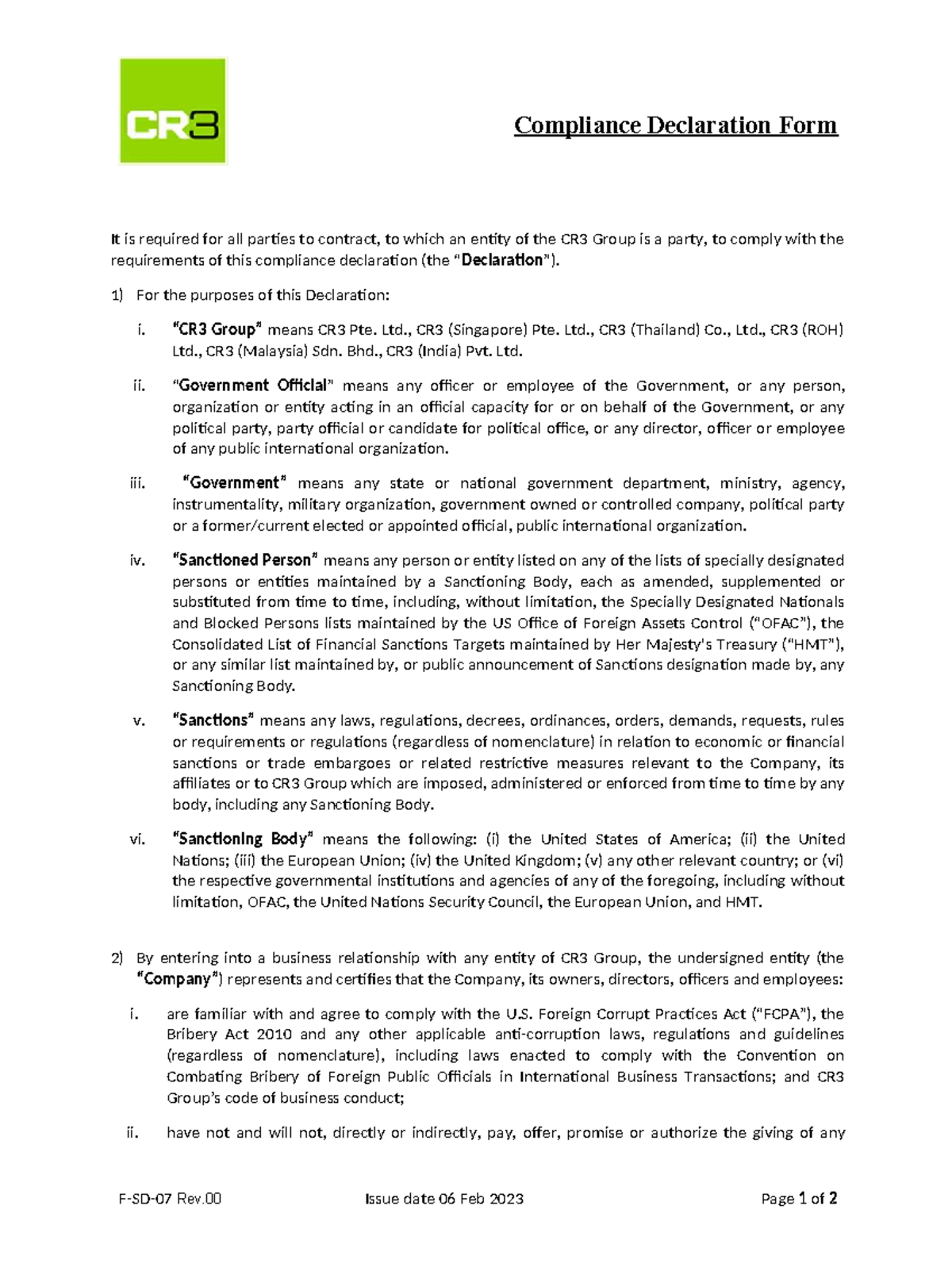CR3 Group Compliance Declaration Form - Rev. 00 (Feb 2023) - Studocu