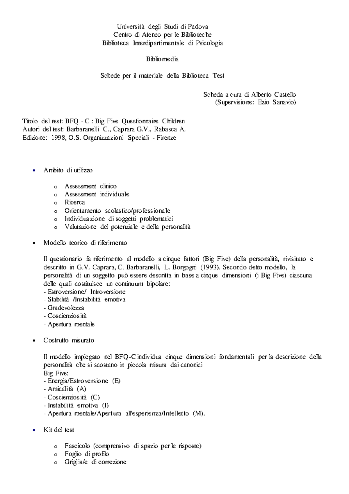 BFQ C: Big Five Questionnaire for Children - Test Overview and ...