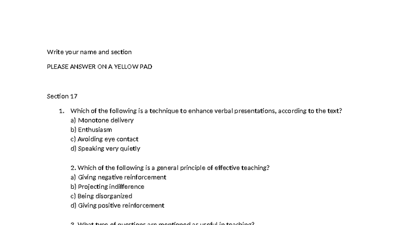 Term 3 Quiz Questions: Enhancing Verbal Presentations and Teaching ...
