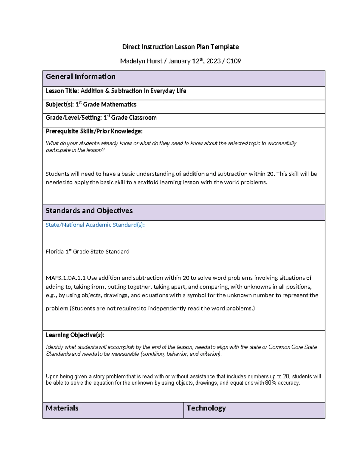 C109 Task 1 Ryan Miller - Task - Direct Instruction Lesson Plan Template General Information ...