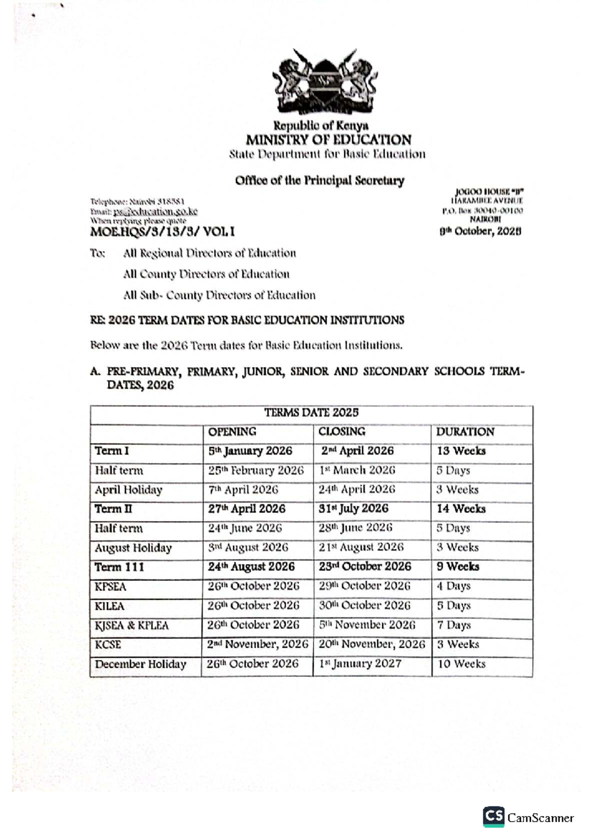 Term Dates 2026 for Basic Education Institutions - Kenya - Studocu