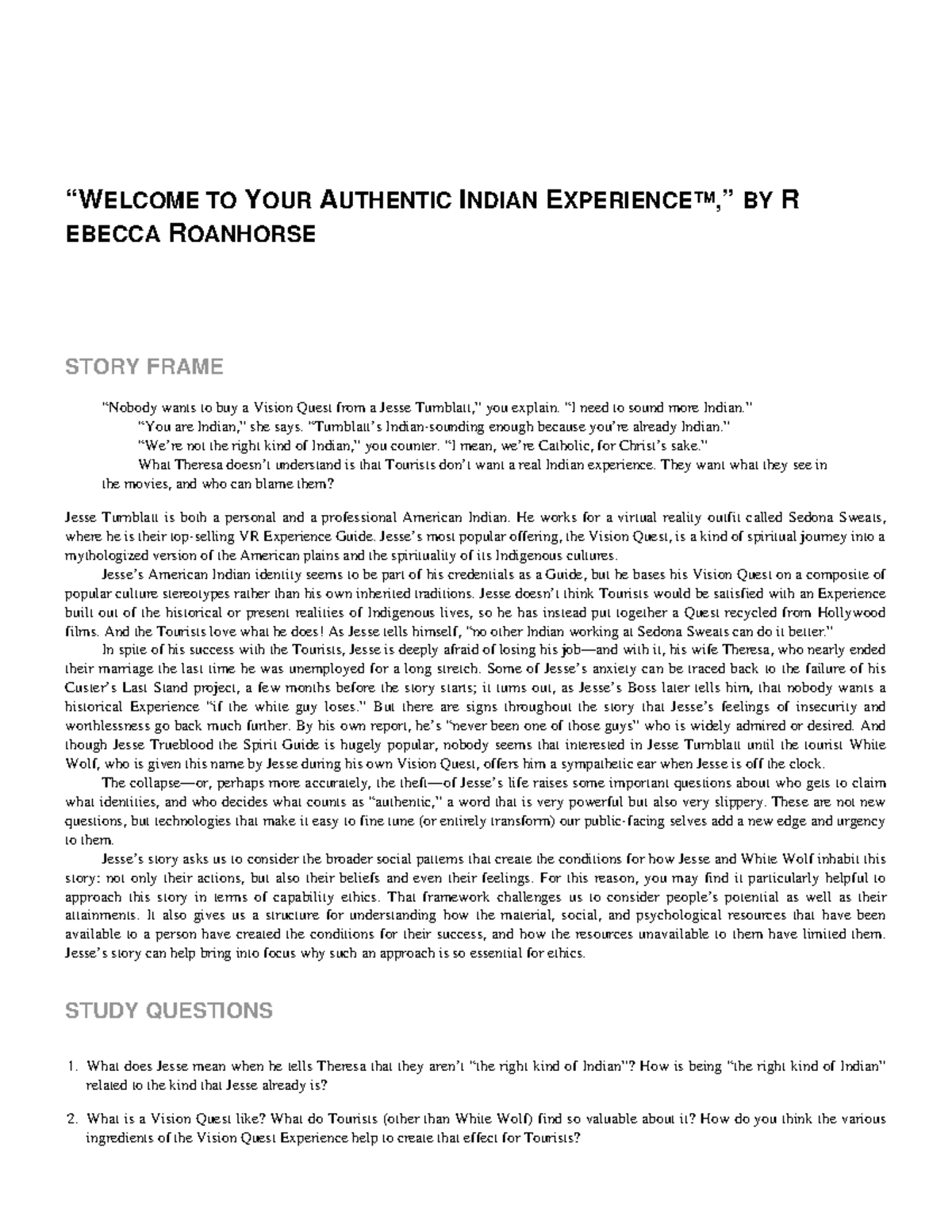 26 TO YOUR AUTHENTIC INDIAN EXPERIENCE BY REBECCA ROANHORSE: A Critical ...