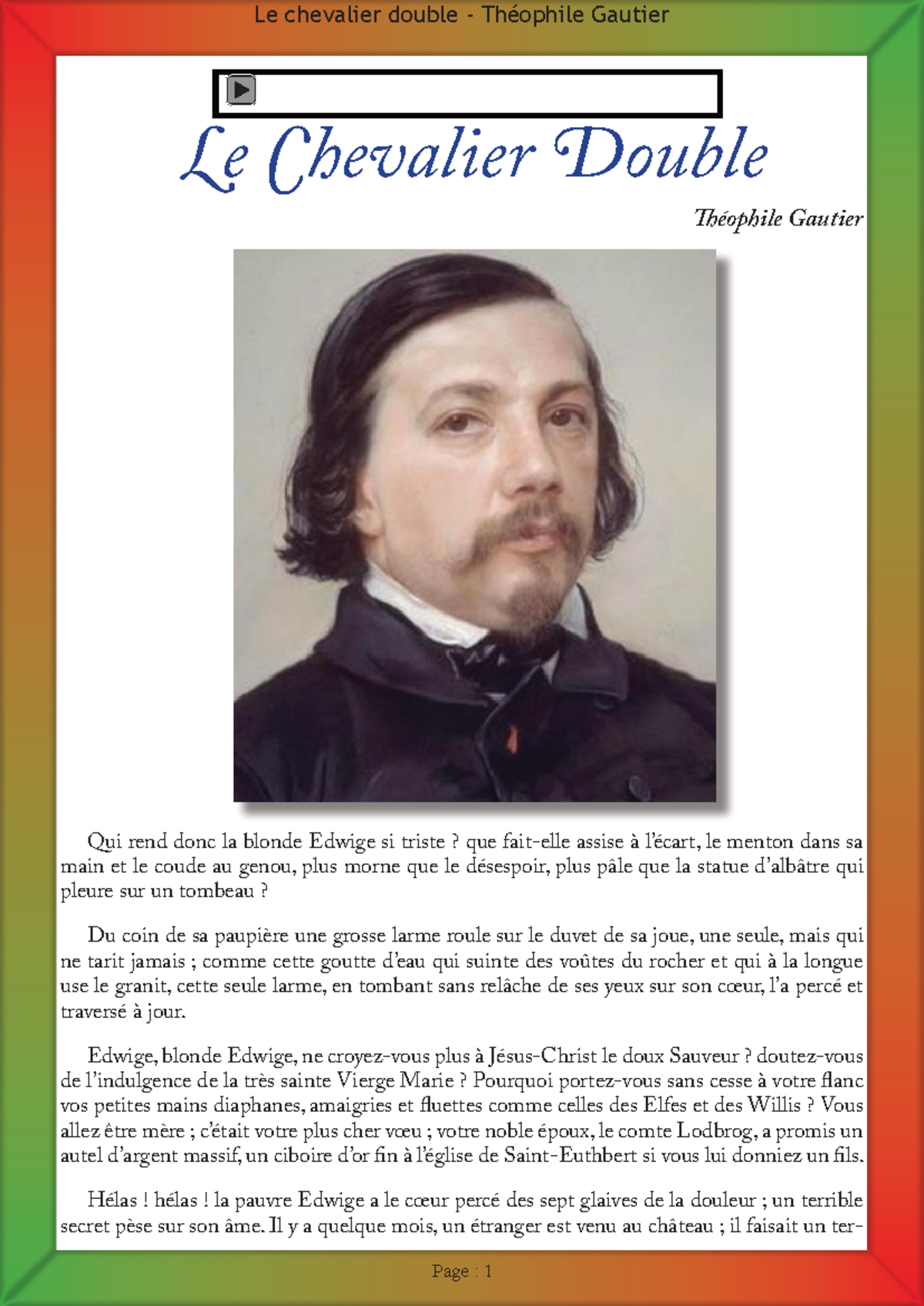 Le Chevalier Double de Théophile Gautier - Analyse et Résumé - Studocu