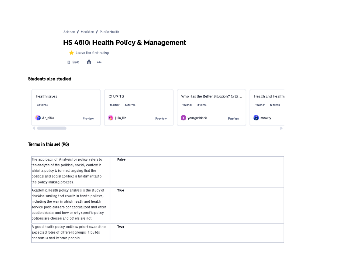 HS 4810 Health Policy Management: Key Concepts and Insights - Studocu
