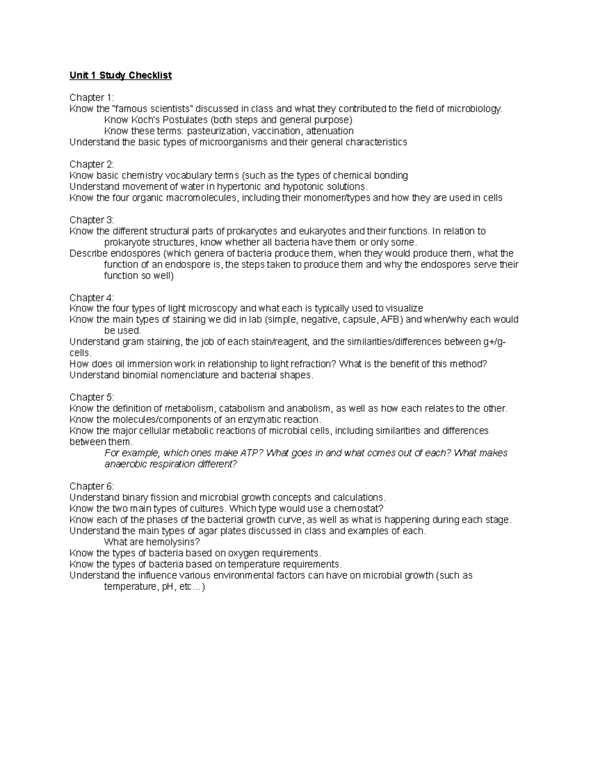 Unit 1 Study Checklist(2) - Unit 1 Study Checklist Chapter 1: Know the ...