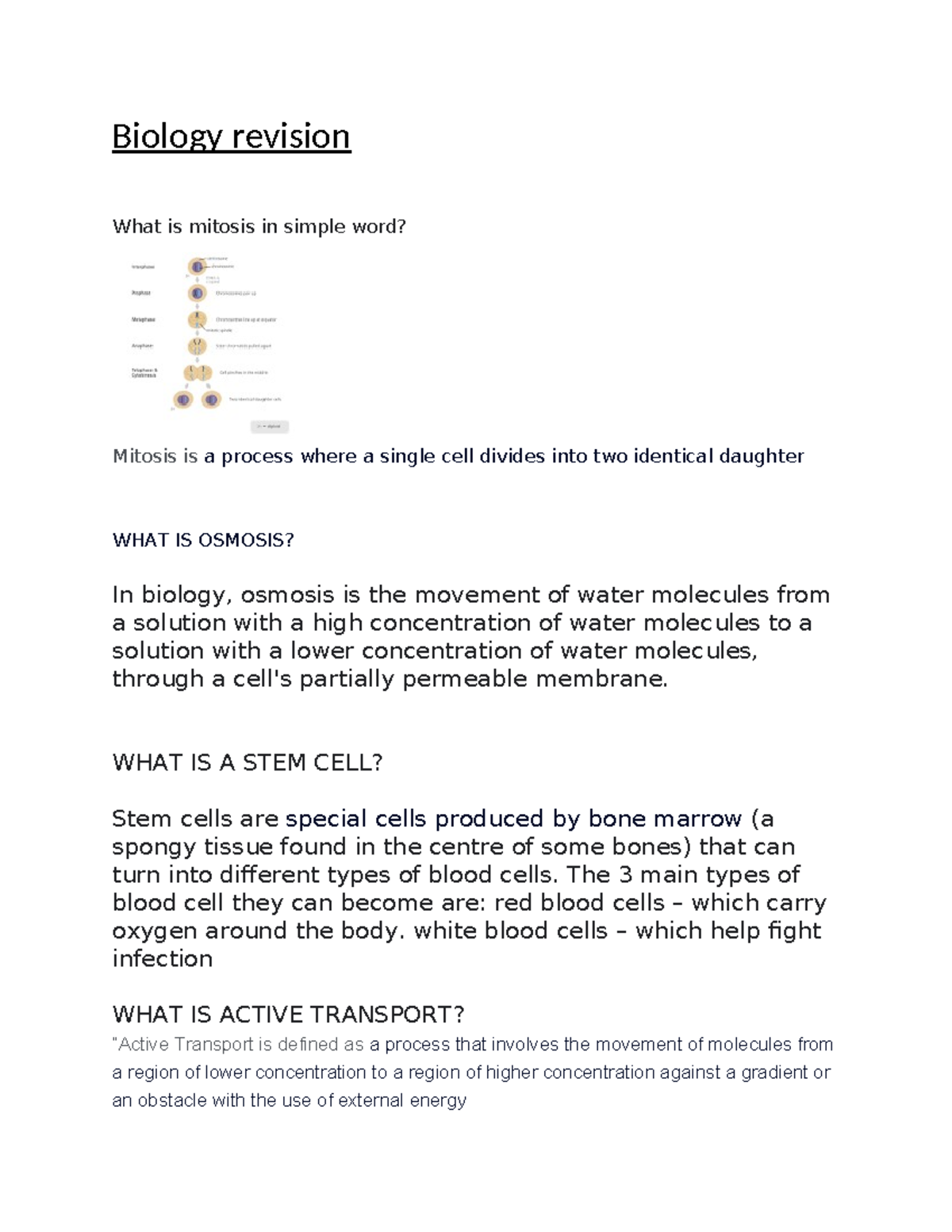 Biology Revision: Key Concepts on Mitosis, Osmosis, and Transport - Studocu