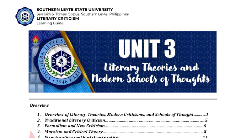 Learning Guide Literary Criticism Unit 3 - Overview 1. Overview of Literary Theories, Modern ...
