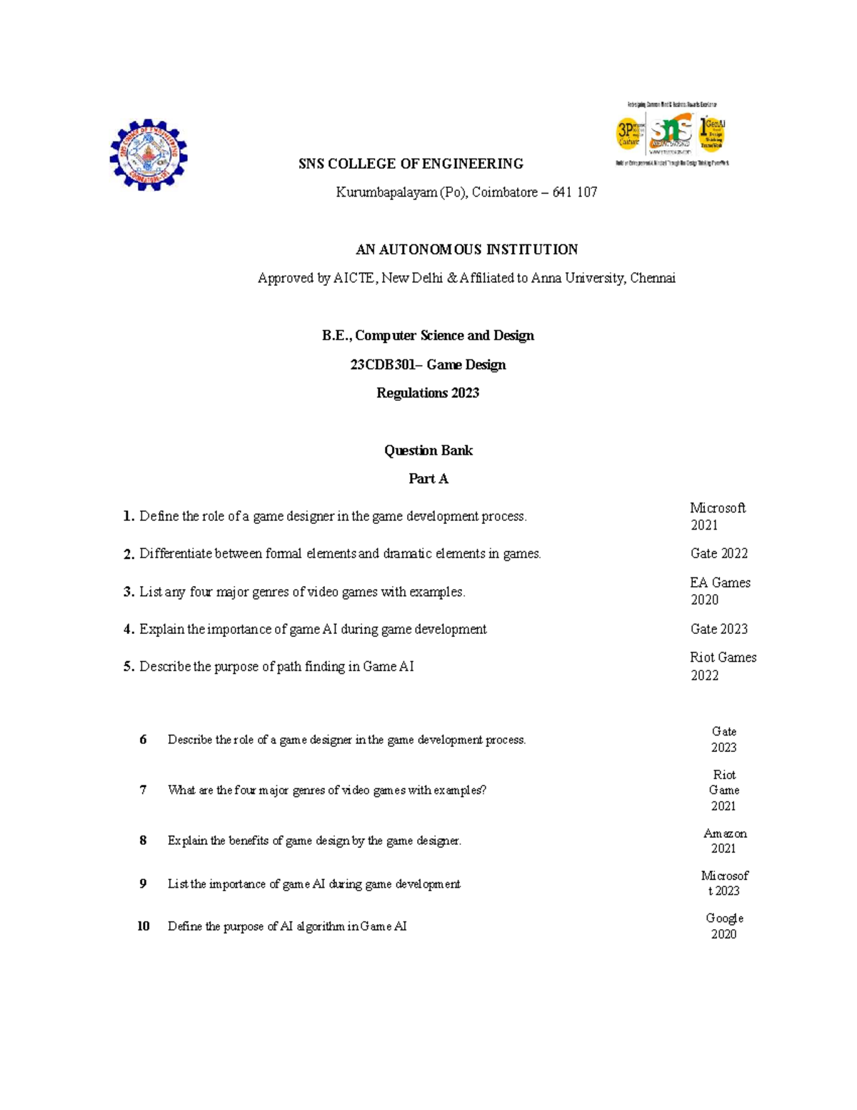 Question Bank III CSD: Game Design 2025 - Studocu