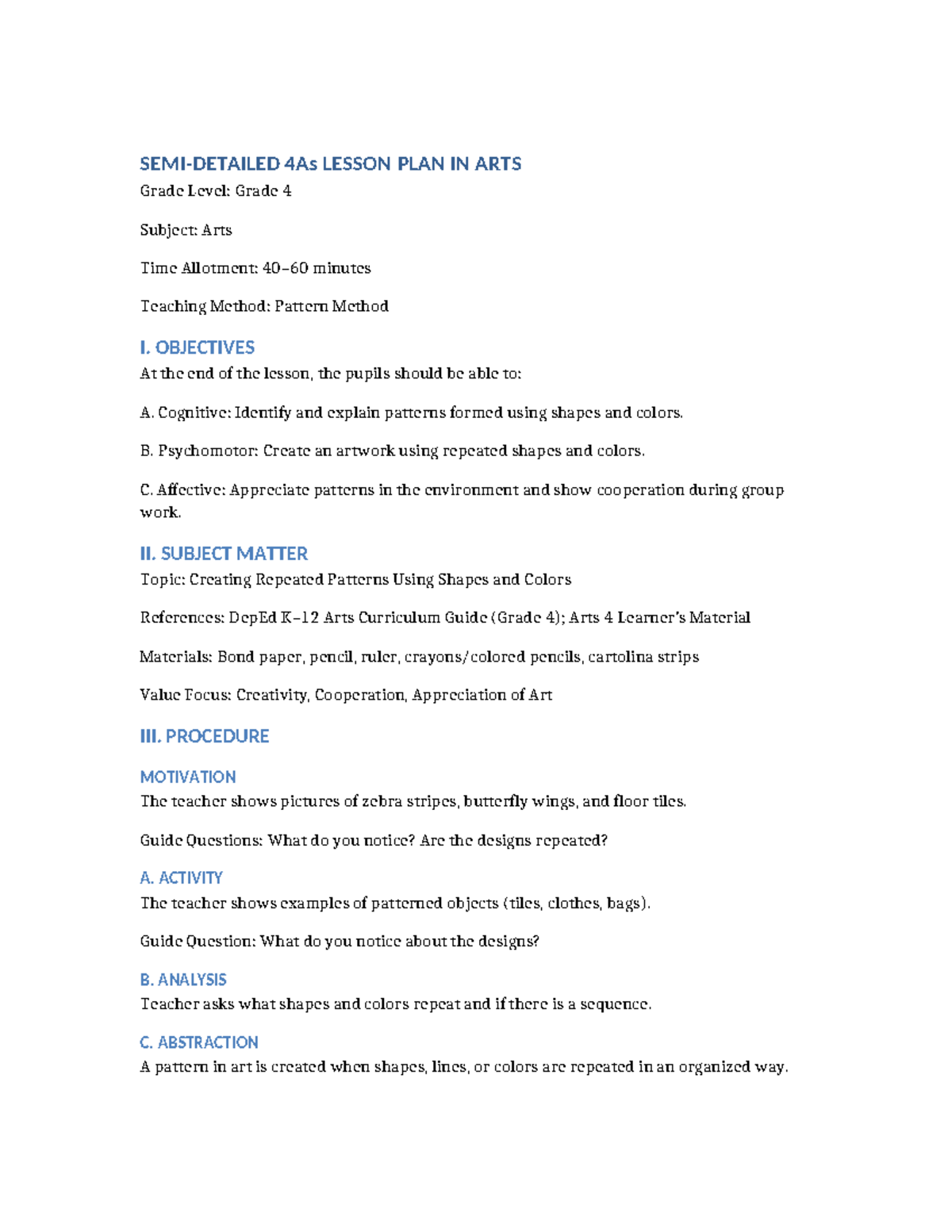 4As LESSON PLAN: Creating Patterns in Arts (Grade 4) - Studocu