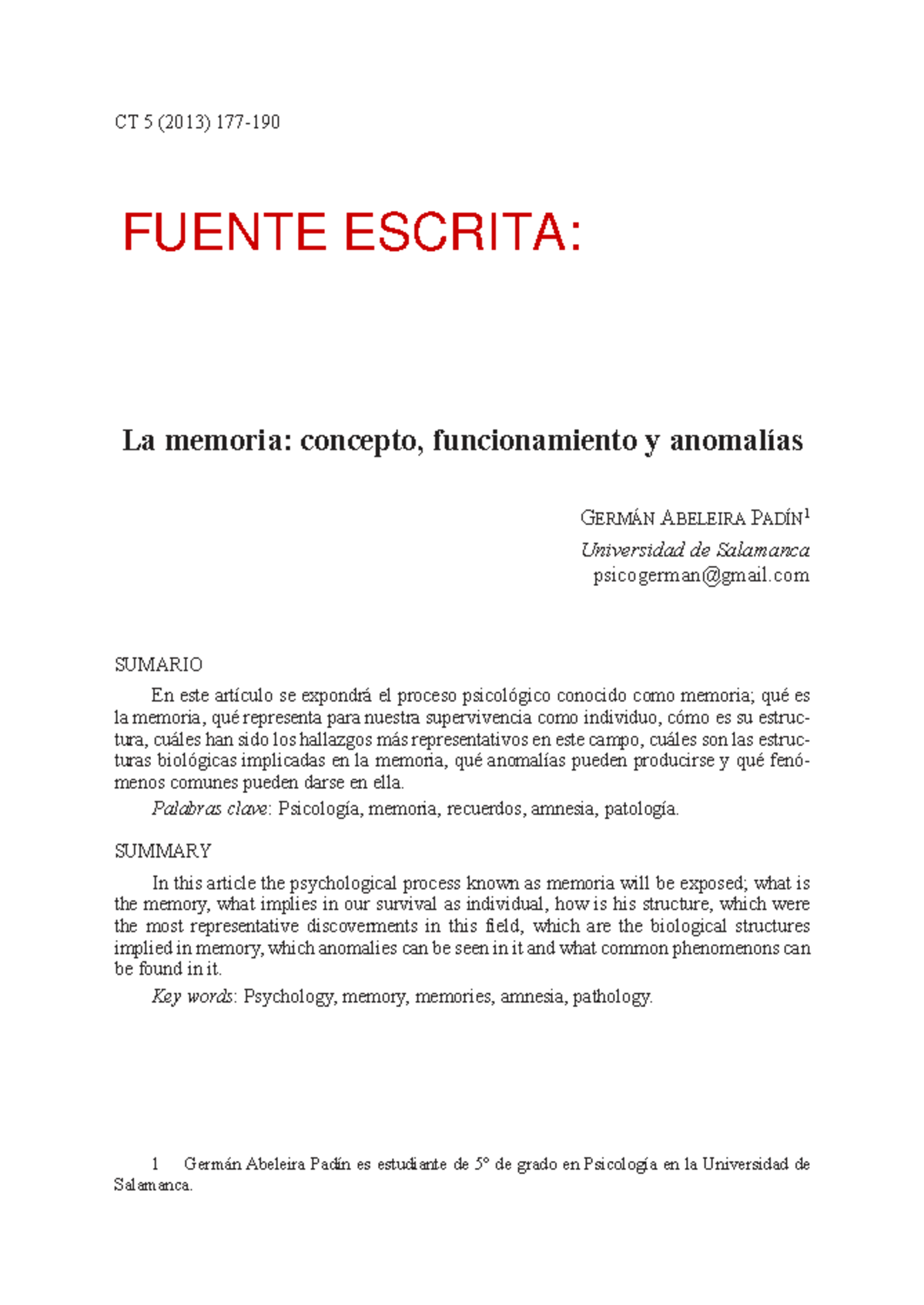 CT 5 (2013) La Memoria: Concepto, Funcionamiento y Anomalías en ...