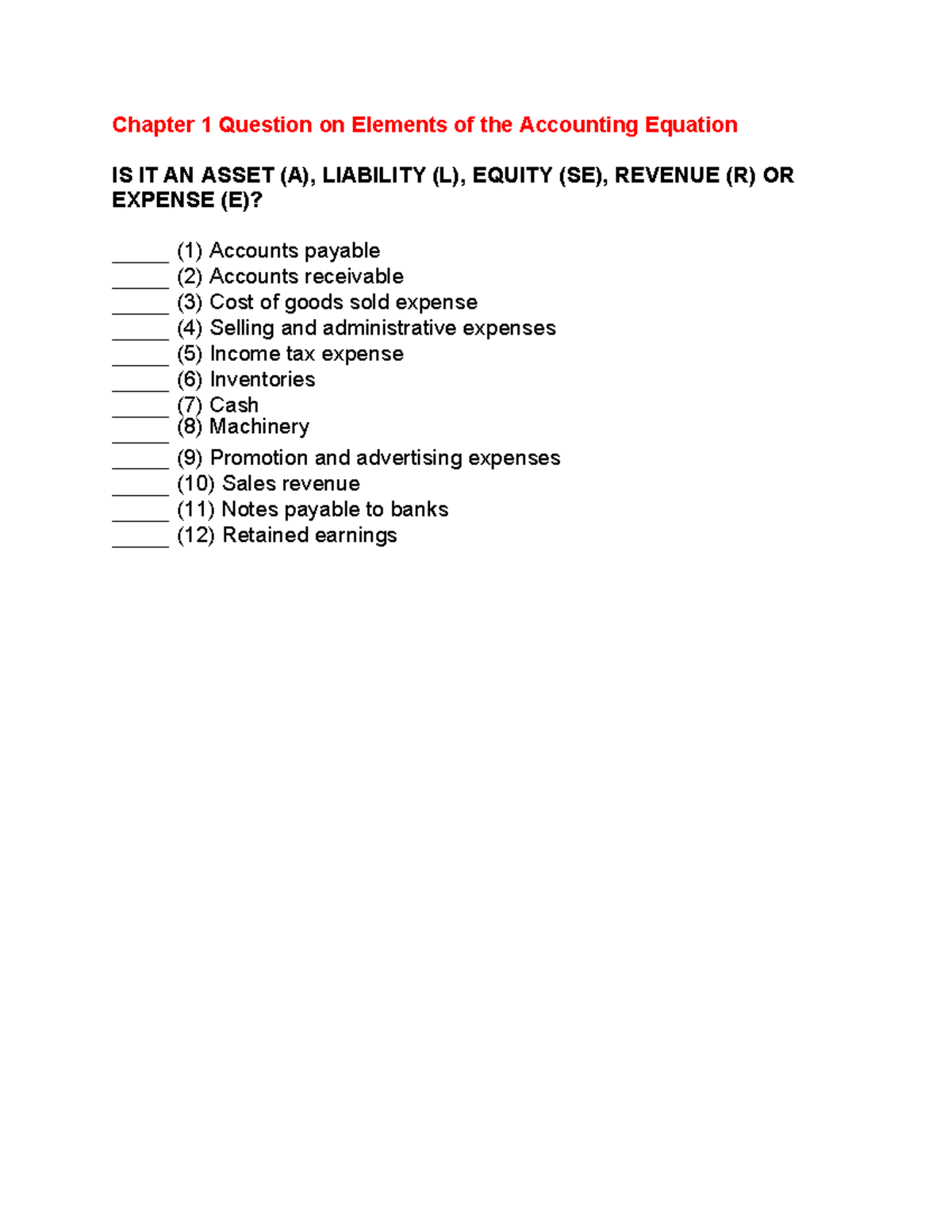 Chapter 1 Question on Elements of the Accounting Equation - 351 - Studocu