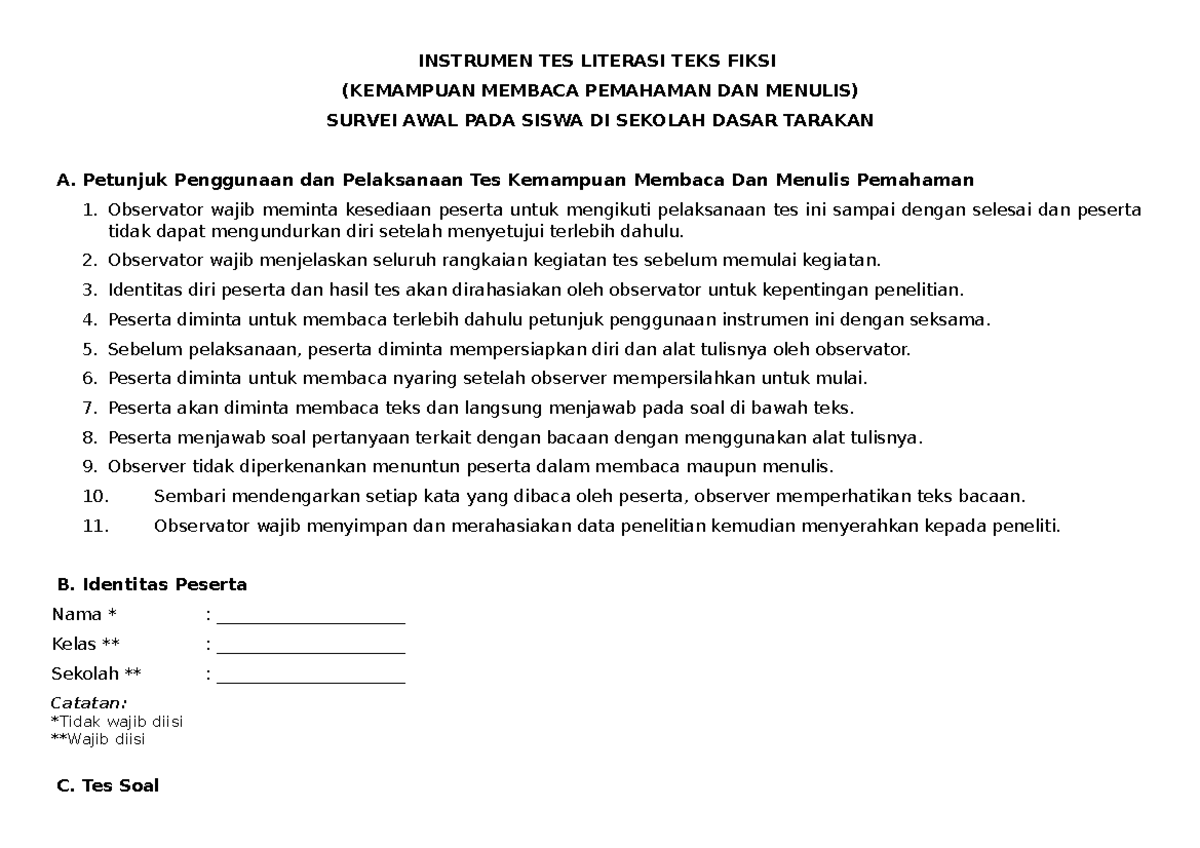 Instrumen Tes Kemampuan Membaca Pemahaman TEKS Fiksi SD - Studocu